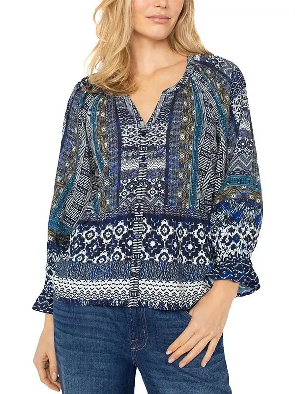 LIVERPOOL Printed Button Front Top - Blue Shibori Multi
