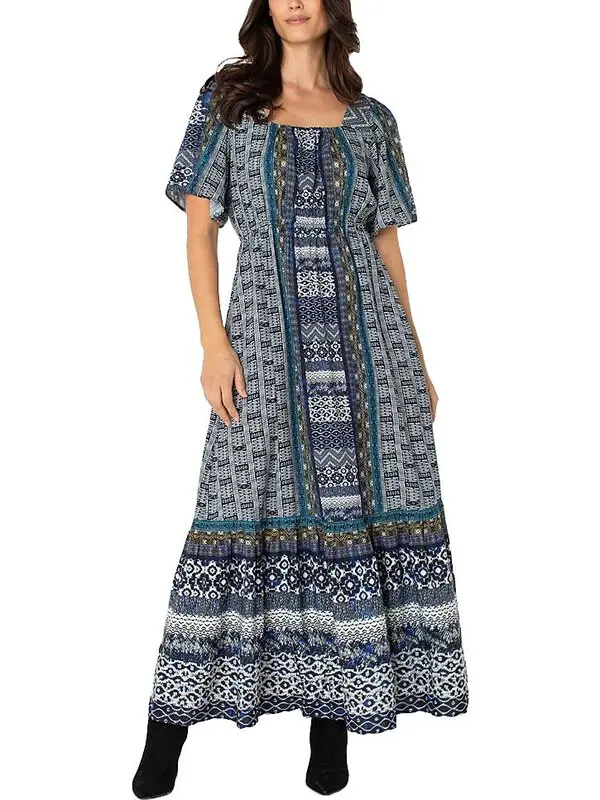 LIVERPOOL Printed Square Neck Maxi Dress - Blue Shibori Multi
