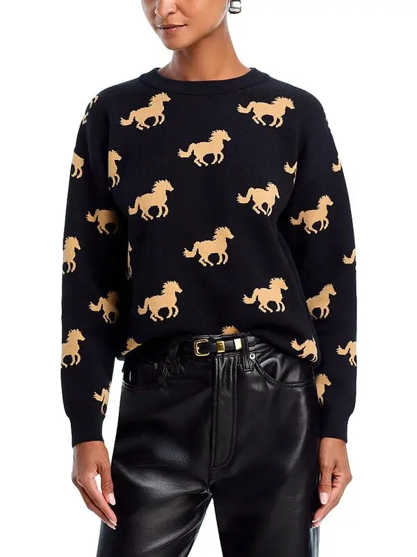 Aqua Horse Print Crewneck Sweater - Black/camel