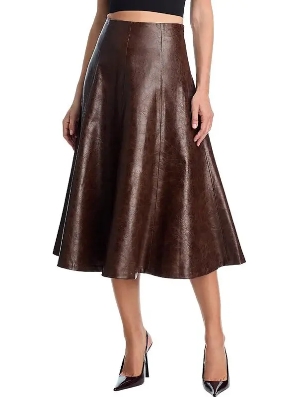 Aqua Faux Leather Midi Skirt - Brown