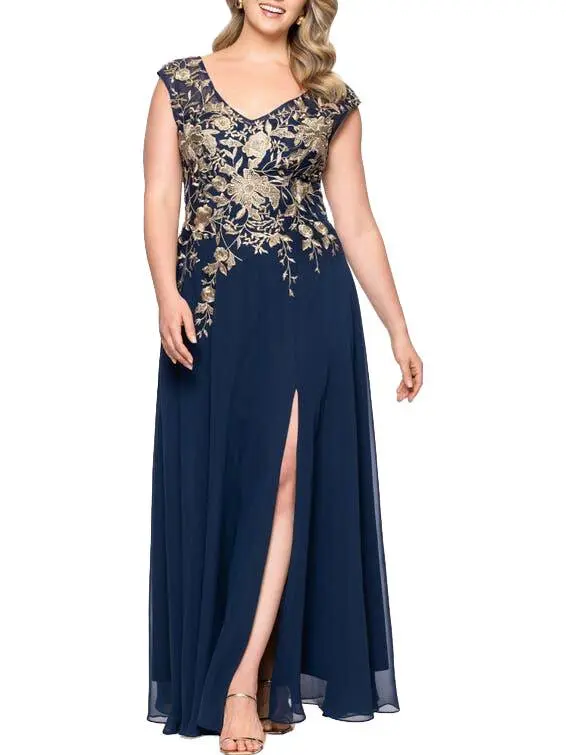 Betsy & Adam Metallic Embroidery Chiffon Gown - Navy/gold