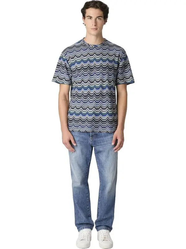 Missoni Crew Neck T-shirt With Geometric Zigzag - Blue & Green