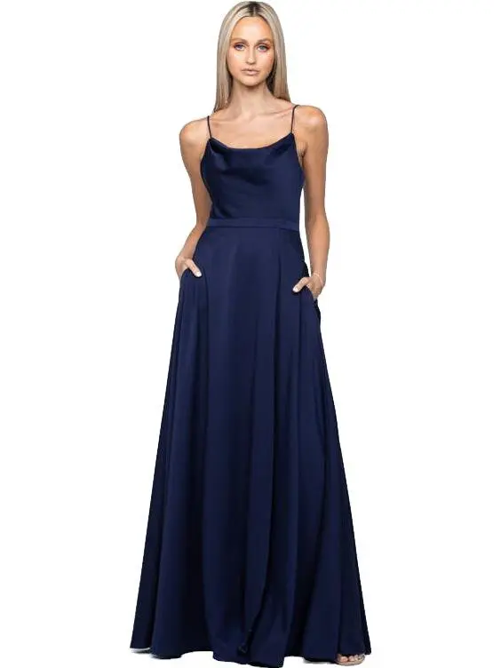 BARIANO Diamond Cowl Wrap Gown With Slit - Navy
