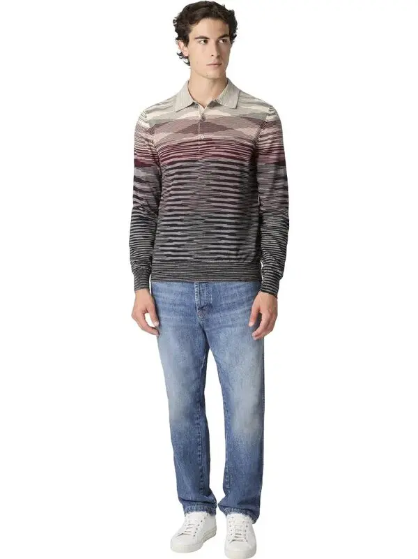 Missoni Long Sleeve Polo In Pure Wool With Flame Pattern - Beige & Burgundy