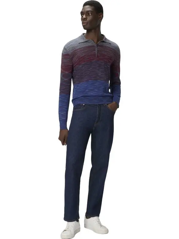 Missoni Long Sleeve Polo In Pure Wool With Flame Pattern - Red & Blue