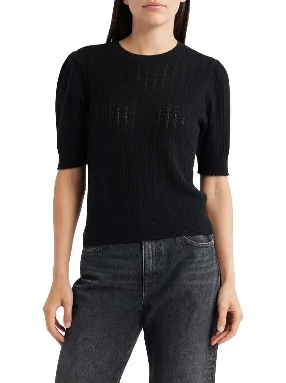 FRAME Pointelle Short Sleeve Cashmere Sweater - Black