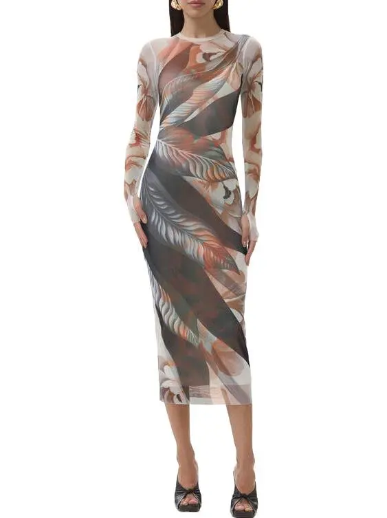 AFRM Ashland Print Long Sleeve Mesh Midi Dress - Noir Leaf Lotus