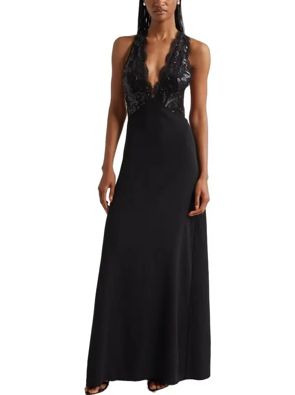 Ramy Brook Chantal Plunge Neck Mixed Media Gown - Black Combo