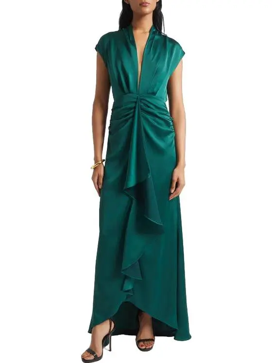 Ramy Brook Catrin Plunge Neck Satin Gown - Deep Emerald