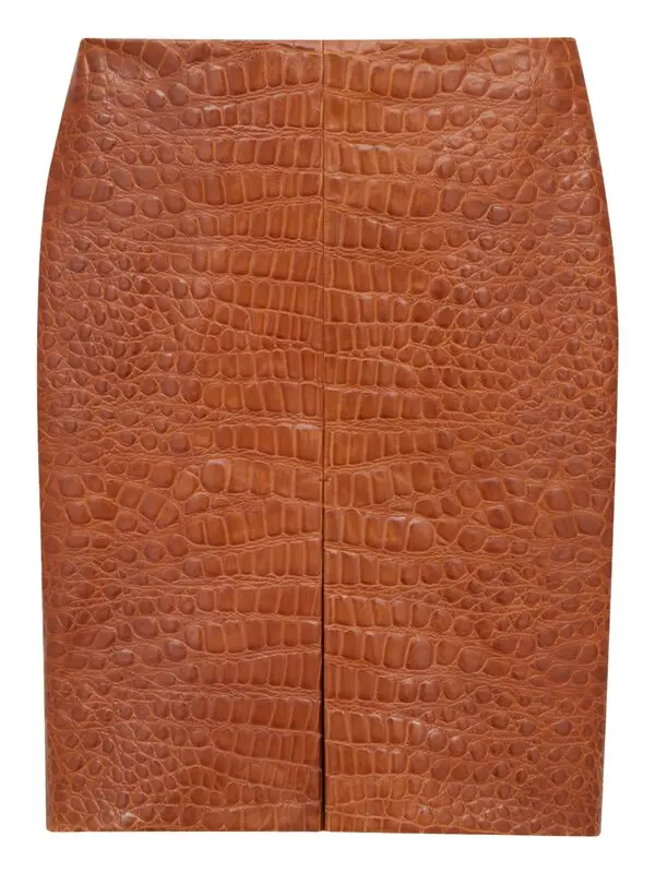 Saint Laurent Leather Croc-embossed Mini Pencil Skirt - Brown