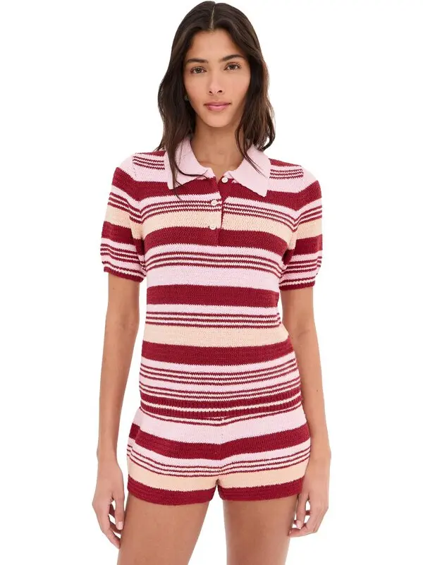 LE BOP Striped Boucle Knit Polo - Pink Multi
