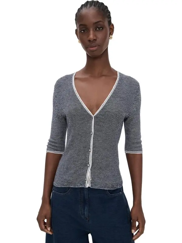 Vince Microstripe V-neck Cardigan - Off White/coastal
