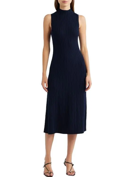 Theory Cable Stitch Sleeveless Wool Blend Sweater Midi Dress - Dark Navy