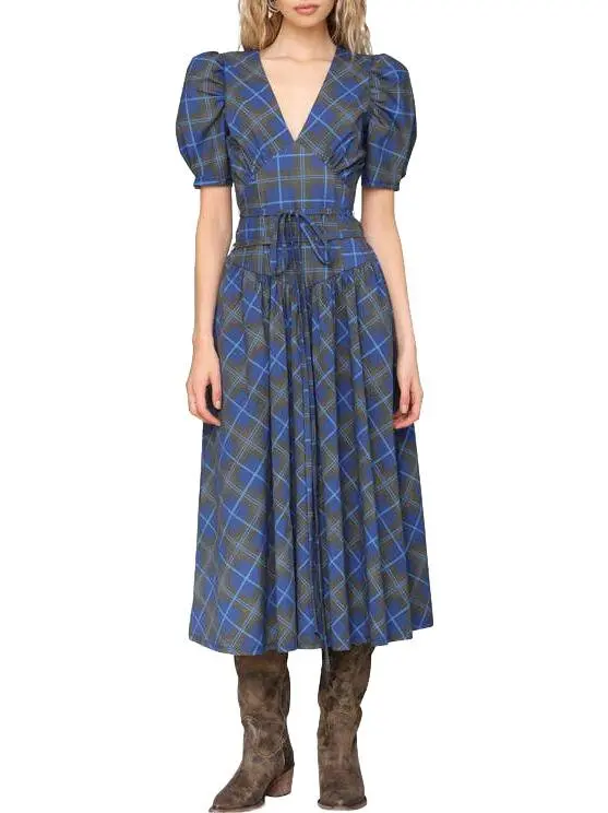 Avec Les Filles Plaid Puff Sleeve Midi Dress - Olive And Blue Plaid