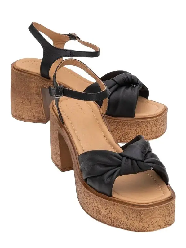 FOREVER & ALWAYS SHOES Platform Wedge Leather Sandals - Black Leather