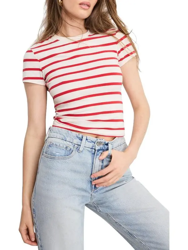Good American Super Stretch Cotton Blend T-shirt - Ecru Chili Wide Stripe