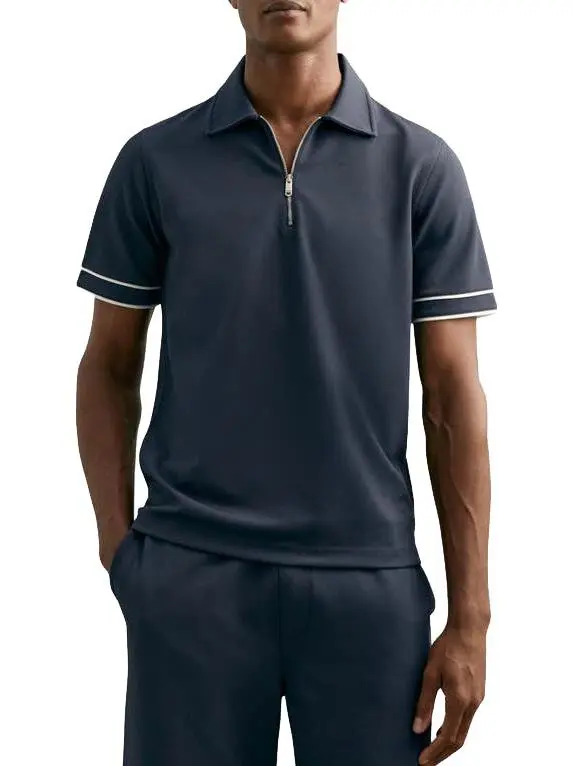 REISS Zain Tipped Quarter Zip Polo - Airforce Blue