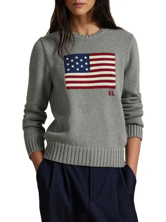 Polo Ralph Lauren Flag Intarsia Cotton Crewneck Sweater - Drift Grey Melange