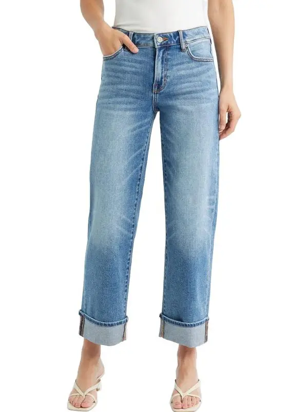 HIDDEN JEANS Cuffed Mid-rise Straight Leg Jeans - Medium Wash