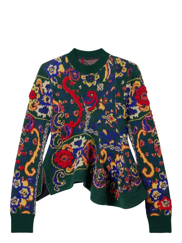 Sacai Draped Embroidered Jacquard-knit Wool Sweater - Multi