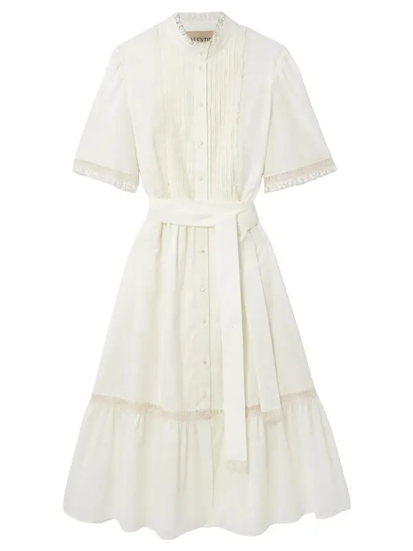Valentino Garavani Belted Lace-trimmed Pintucked Cotton-poplin Midi Dress - White