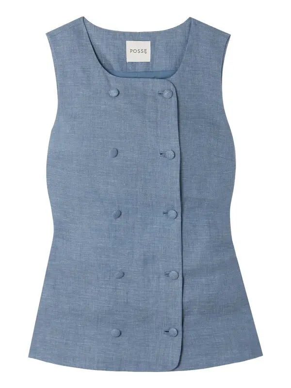 Posse Thea Double-breasted Linen Vest - Blue
