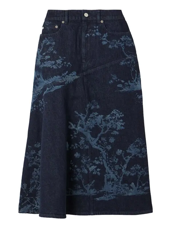 Erdem Asymmetric Paneled Printed Denim Midi Skirt - Blue