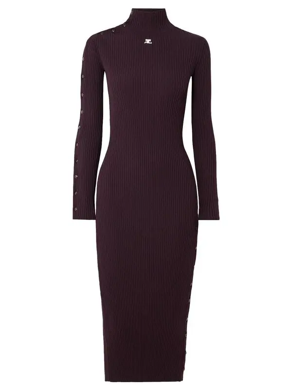 COURREGES Embroidered Ribbed-knit Turtleneck Midi Dress - Burgundy