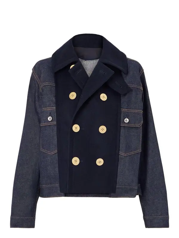 Sacai Double-breasted Wool-trimmed Denim Jacket - Blue