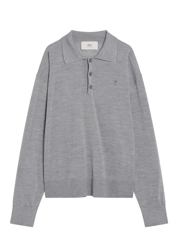 Ami Wool And Silk Polo De Coeur - Grey