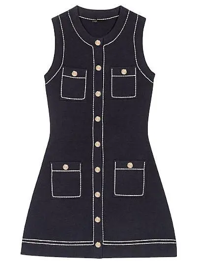 Maje Topstitched Patch-pocket Mini Dress - Navy