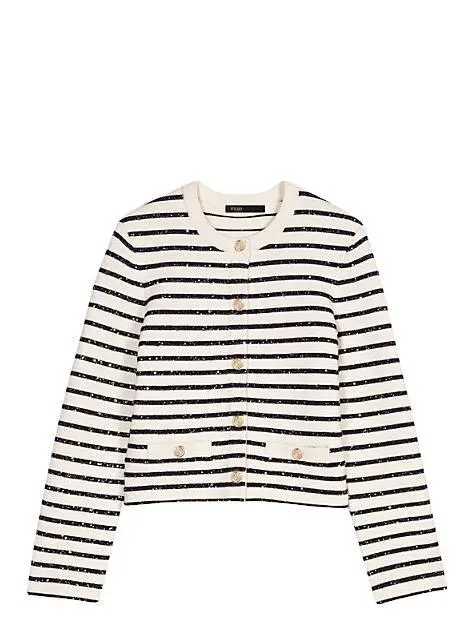 Maje Striped Rhinestone-embellished Knitted Cardigan - White/navy