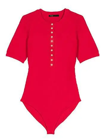 Maje Ribbed Knit Cotton-blend Bodysuit - Red