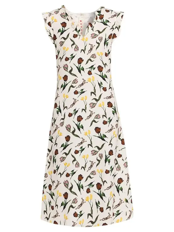 Marni Floral Ruffle V-neck Midi Dress - Multicolou