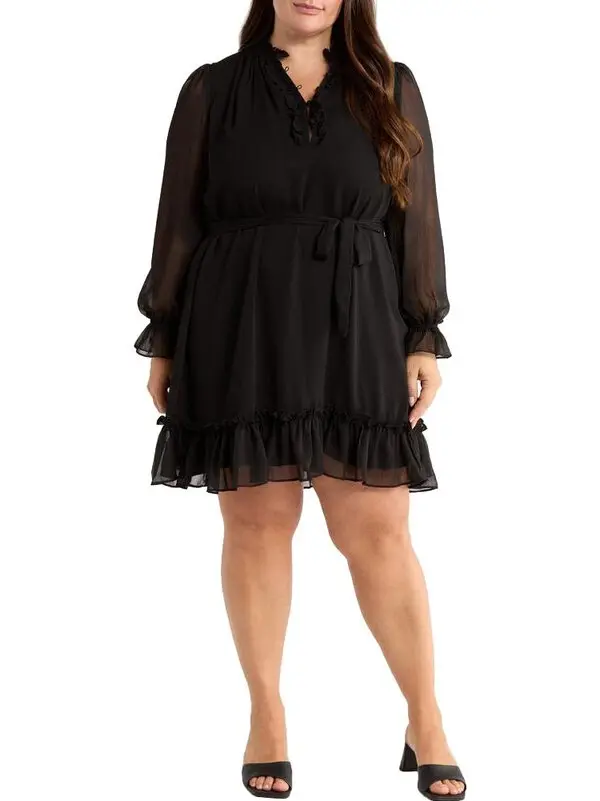 CECE DUPRAZ Ruffle Tie Waist Long Sleeve Dress - Rich Black