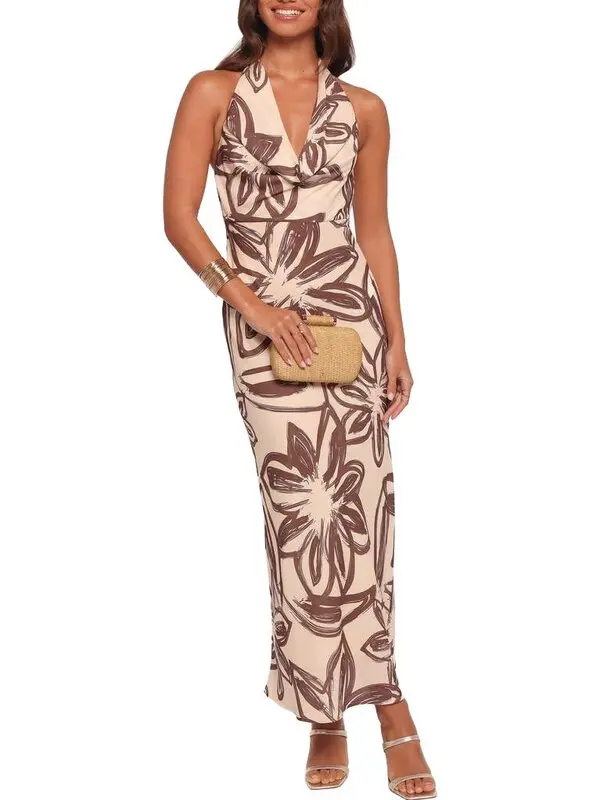 PETAL & PUP Printed Halter Maxi Dress - Cream/brown