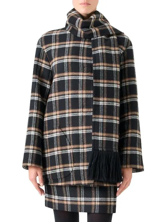 Akris Plaid Wool Blend Jacket With Scarf - Black-camel-cream