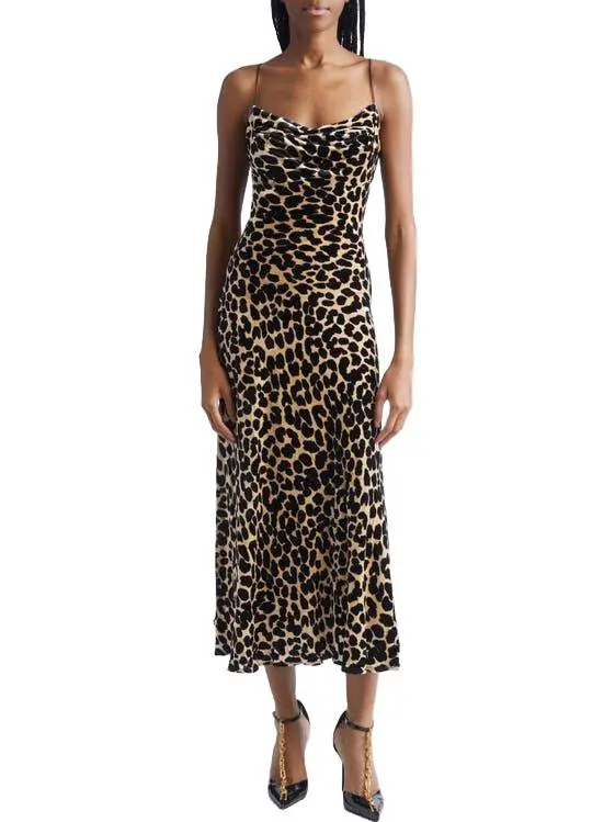 Balmain Leopard Print Cowl Neck Velvet Slip Dress - Gba Beige/black