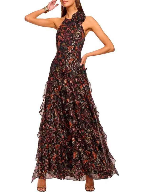 Ramy Brook Idella Metallic Print Halter Gown - Black Multi Combo