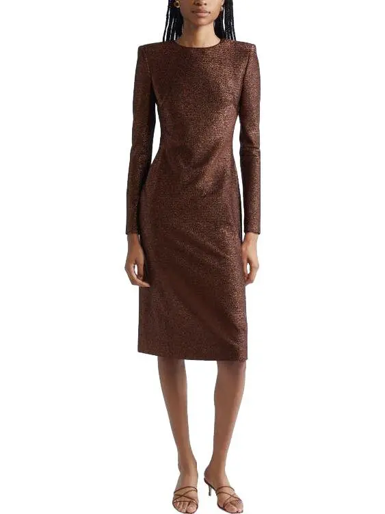 Oscar De La Renta Long Sleeve Metallic Knit Cocktail Dress - Espresso