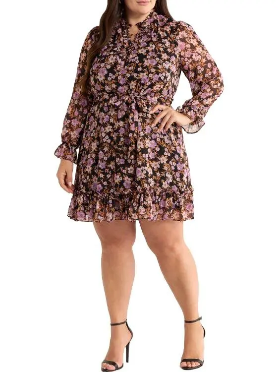 CECE DUPRAZ Floral Print Tie Waist Long Sleeve Dress - Rich Black