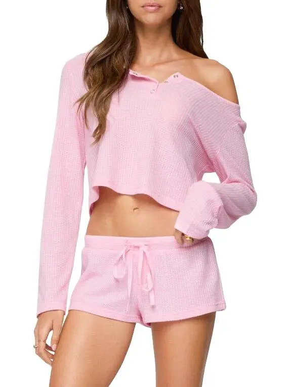 EDIKTED Off The Shoulder Waffle Knit Crop Top - Light-pink