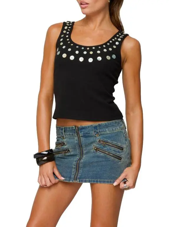 EDIKTED Pearly Button Tank - Black-washed