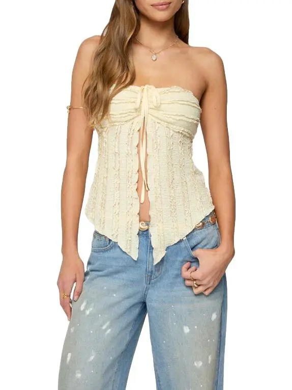EDIKTED Ruffle Split Front Strapless Top - Yellow