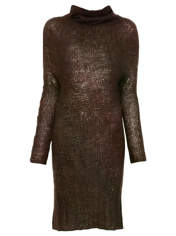 YEHUAFAN Open-knit Turtleneck Midi Dress - Brown