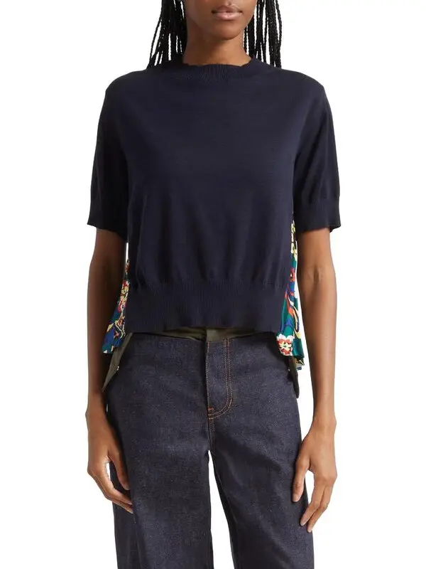 Sacai Mixed Media Short Sleeve Top - Navy/green