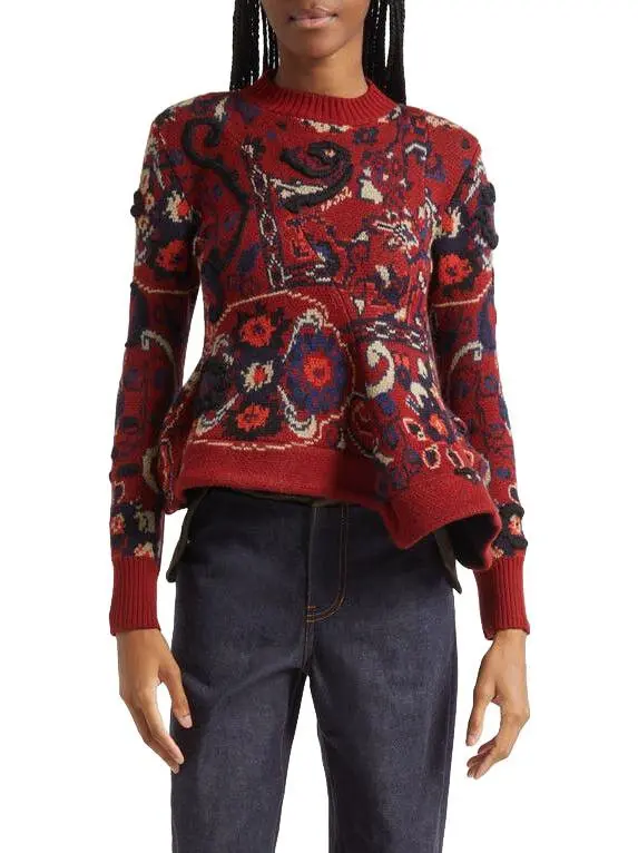 Sacai Floral Jacquard Asymmetric Wool Sweater - Bordeaux