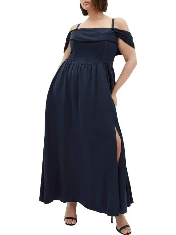 City Chic Corset Maxi Dress With Slit - Navy