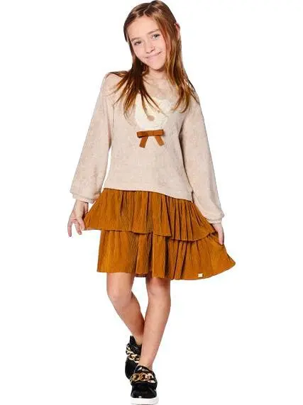 DEUX PAR DEUX Bi-material Dress With Layered Skirt - Caramel Brown