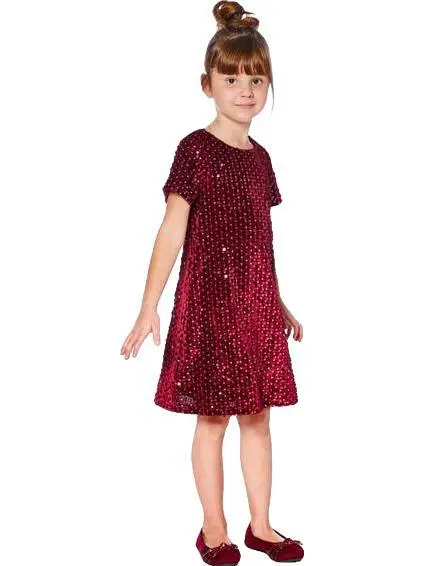 DEUX PAR DEUX Sequined Velvet Short Sleeve A-line Dress - Red